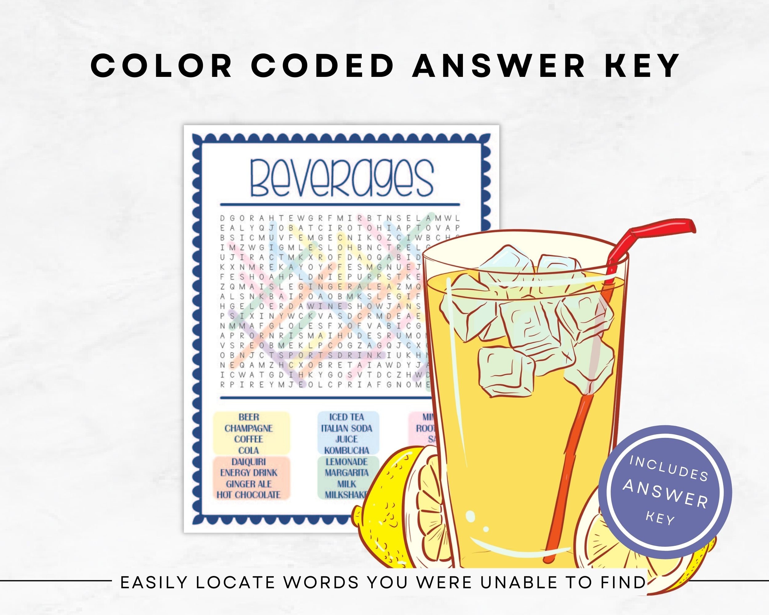 Beverages Word Search, Instant Download | Print in Color/black Ink | US ...