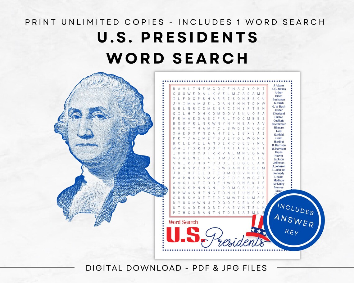 US Presidents Word Search | Instant Download Patriotic Puzzle, Party ...