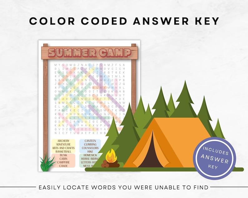 Summer Camp Word Search, Instant Download | Print in Color/black Ink ...