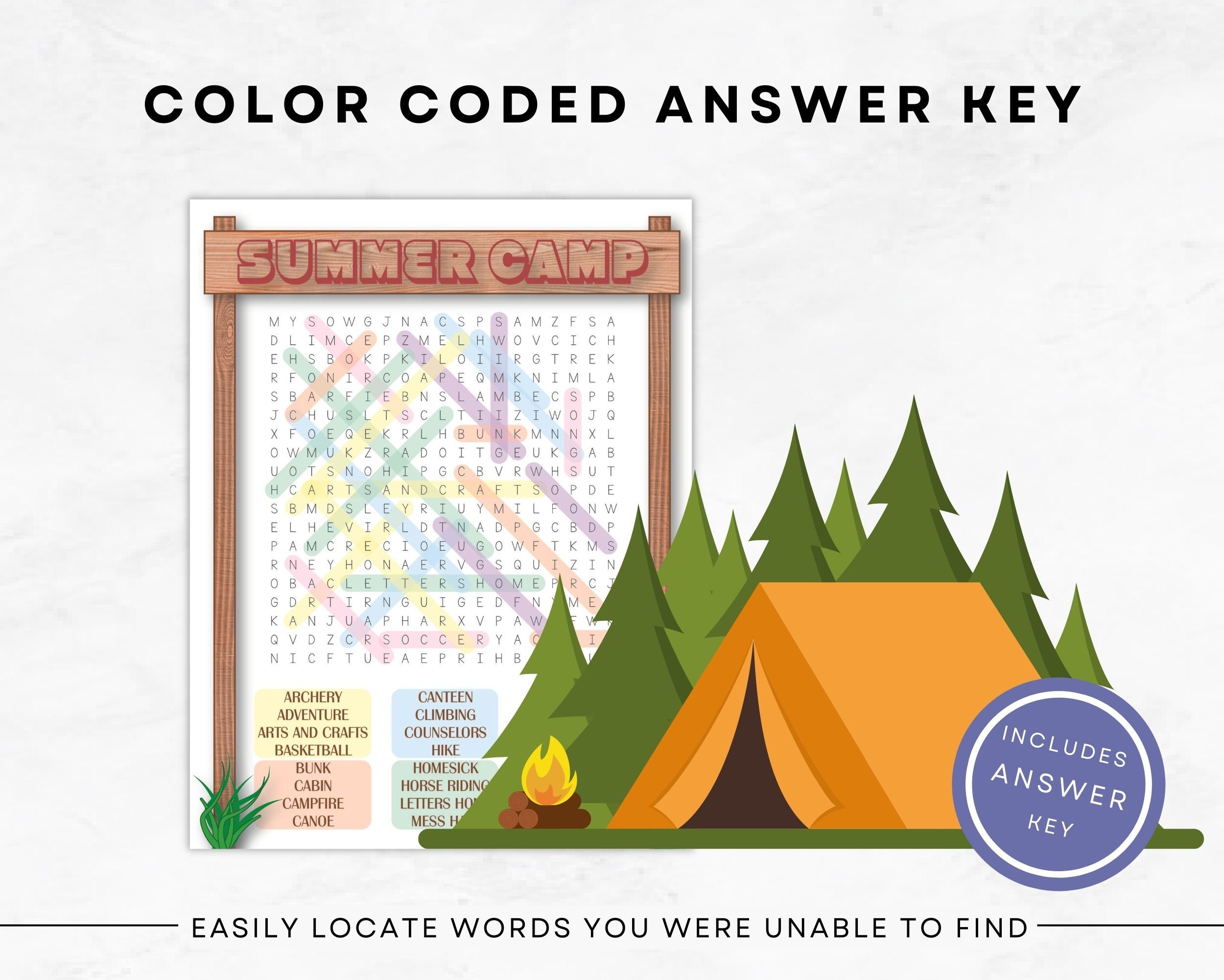Summer Camp Word Search, Instant Download | Print in Color/black Ink ...
