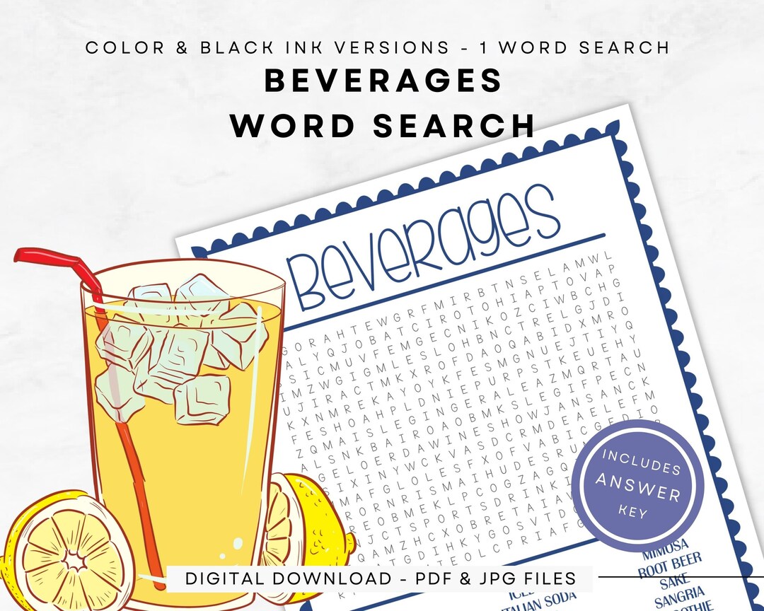 Beverages Word Search, Instant Download | Print in Color/black Ink | US ...