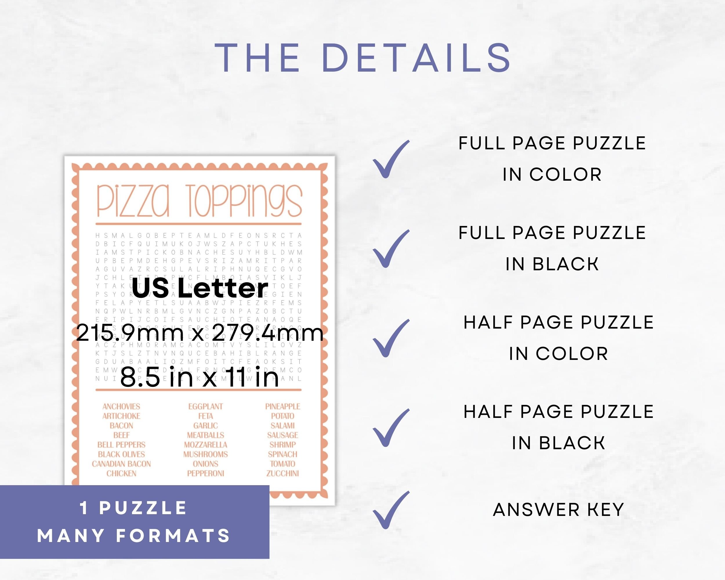 Pizza Toppings Word Search Puzzle, Printable Game (PDF & JPG) - Etsy
