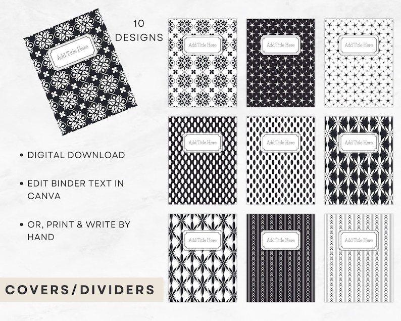 Black & White Binder Cover Set: 10 Designs, Editable in Canva (PDF ...