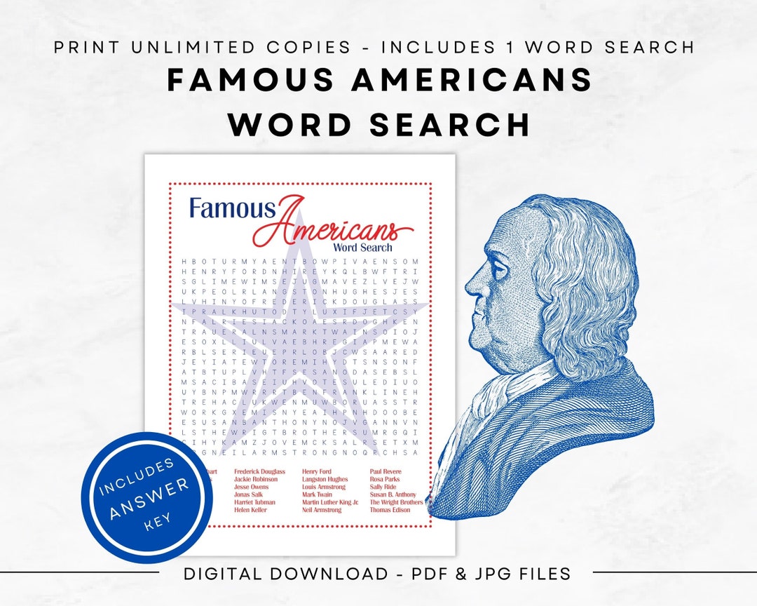 Famous Americans Word Search | Instant Download Patriotic Puzzle, Great ...