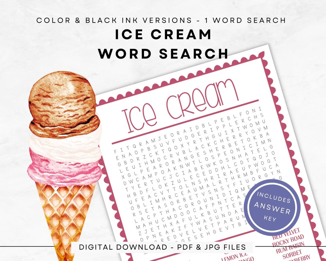 Ice Cream Word Search Puzzle: Printable Game (PDF & JPG) - Etsy UK