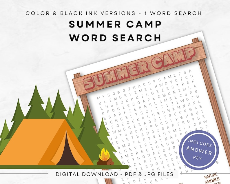 Summer Camp Word Search, Instant Download | Print in Color/black Ink ...