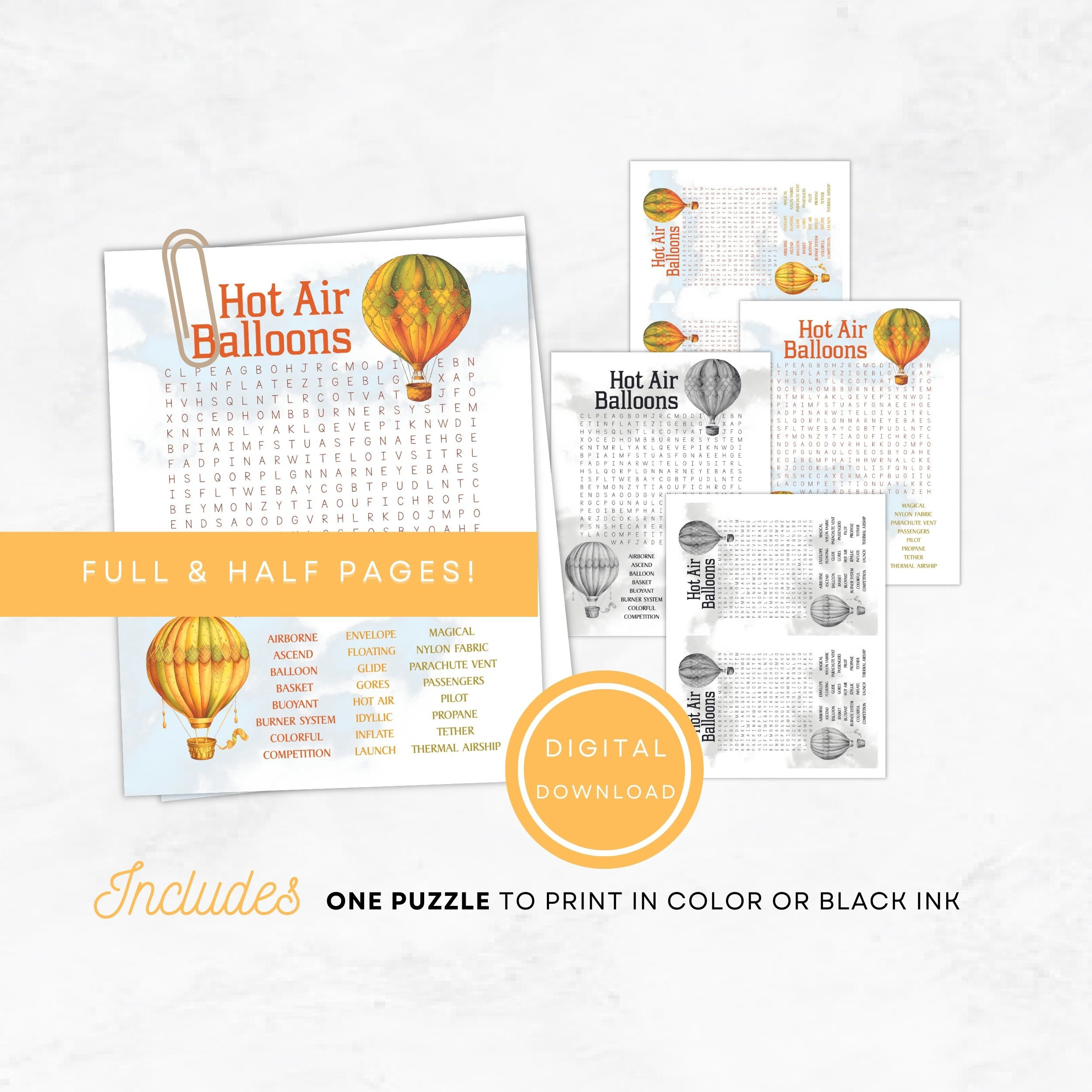 Hot Air Balloon Word Search, Instant Download, Great Party Activity ...