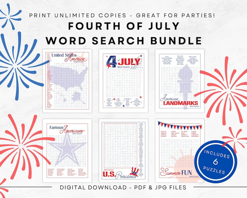 4th of July Word Search Bundle to Download | Patriotic Puzzles, Party ...