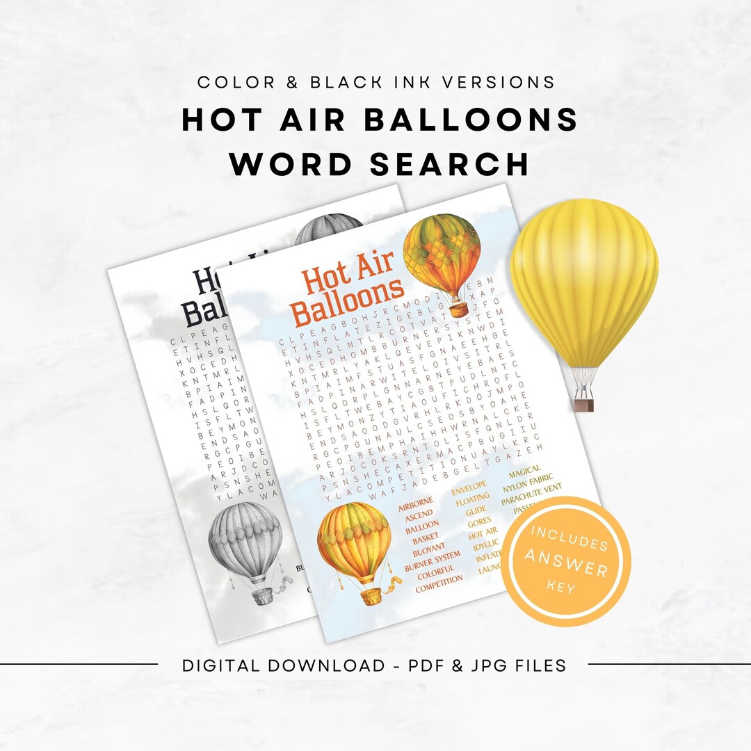 Hot Air Balloon Word Search, Instant Download, Great Party Activity ...