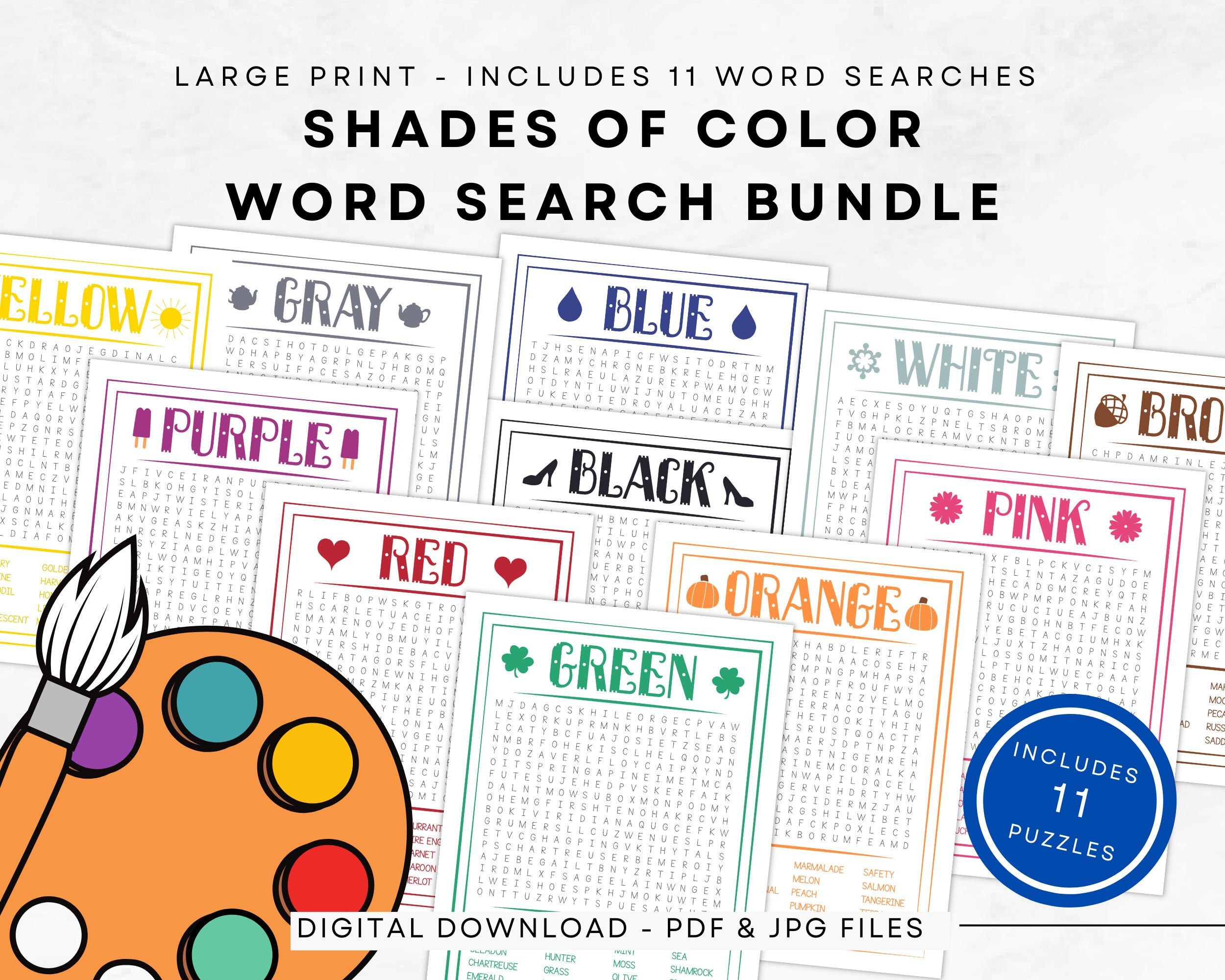 Shades of Color Word Search Bundle for Instant Download | Art Teacher ...