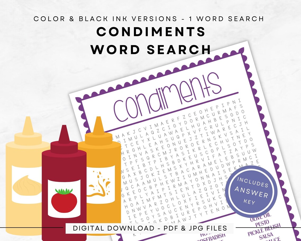 Condiments Word Search, Instant Download Print in Color/black Ink US ...