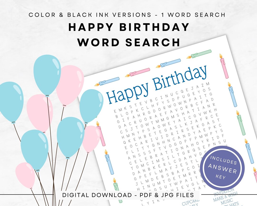 Birthday Word Search, Instant Download | Great Birthday Party Activity ...