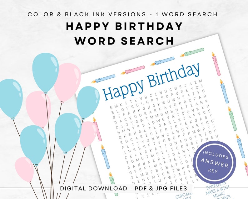 Birthday Word Search, Instant Download | Great Birthday Party Activity ...