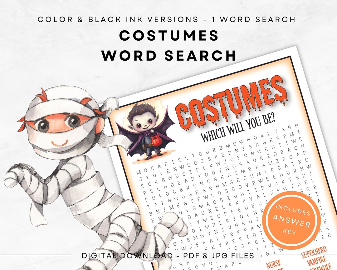 Halloween Costumes Word Search, Instant Download, Great Party Activity ...
