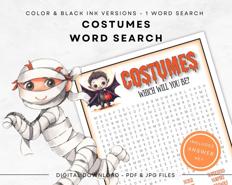 Halloween Costumes Word Search, Instant Download, Great Party Activity ...
