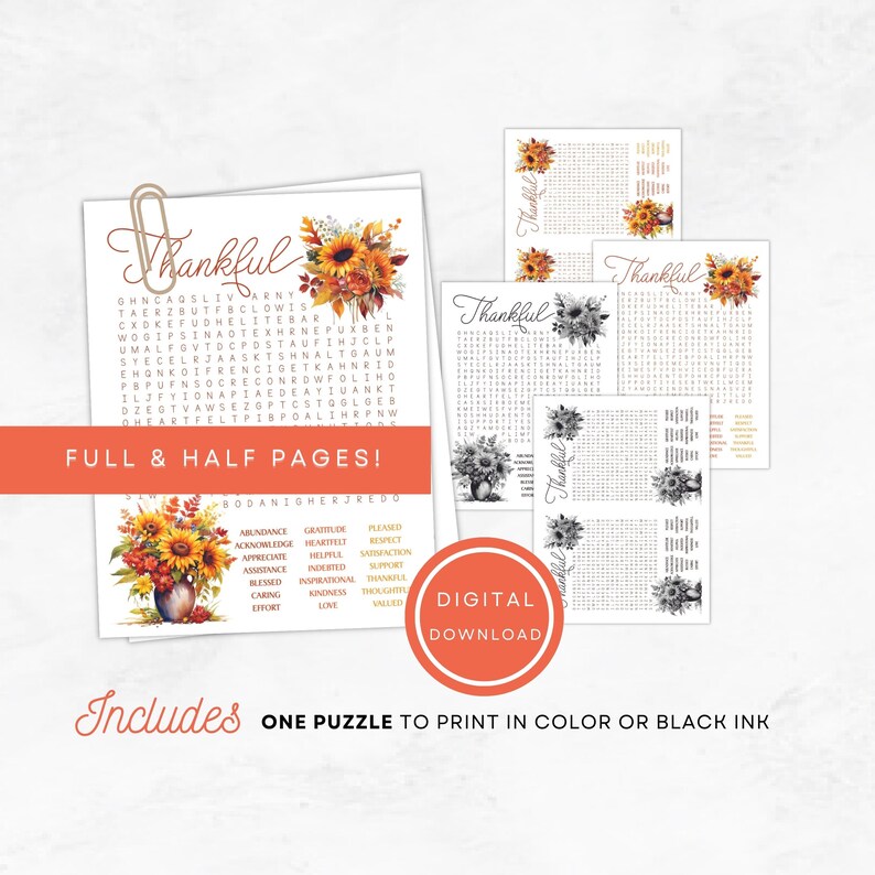 Thankful Word Search, Instant Download, Include With Thank You Cards ...