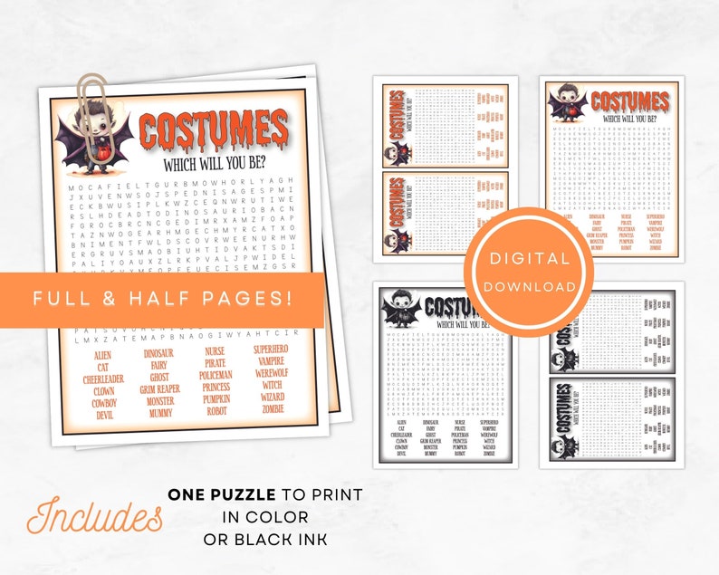 Halloween Costume Word Search, Kids Party Game (digital Download) - Etsy