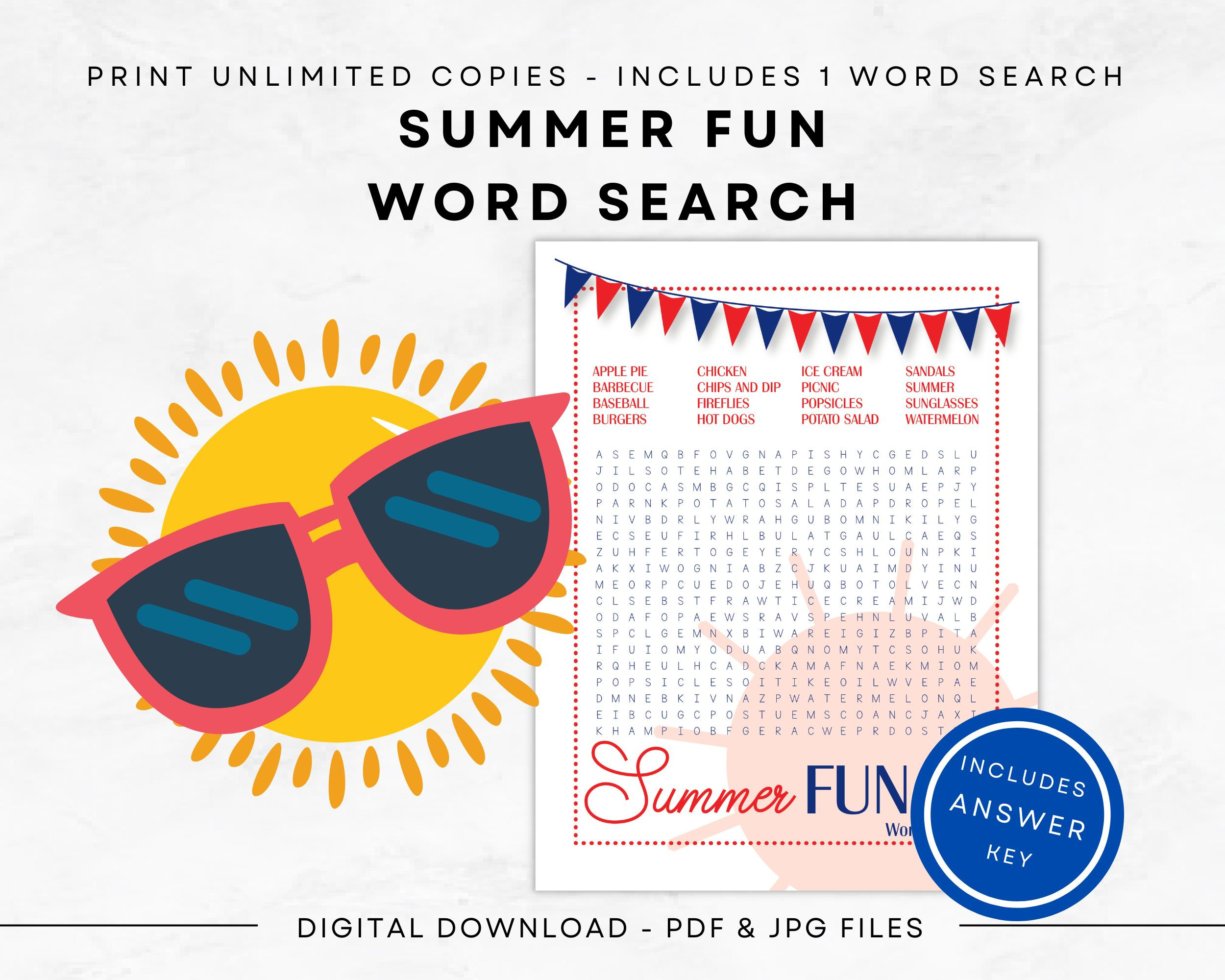 Summer Fun Word Search | Instant Download Puzzle, Party Game | Print in ...