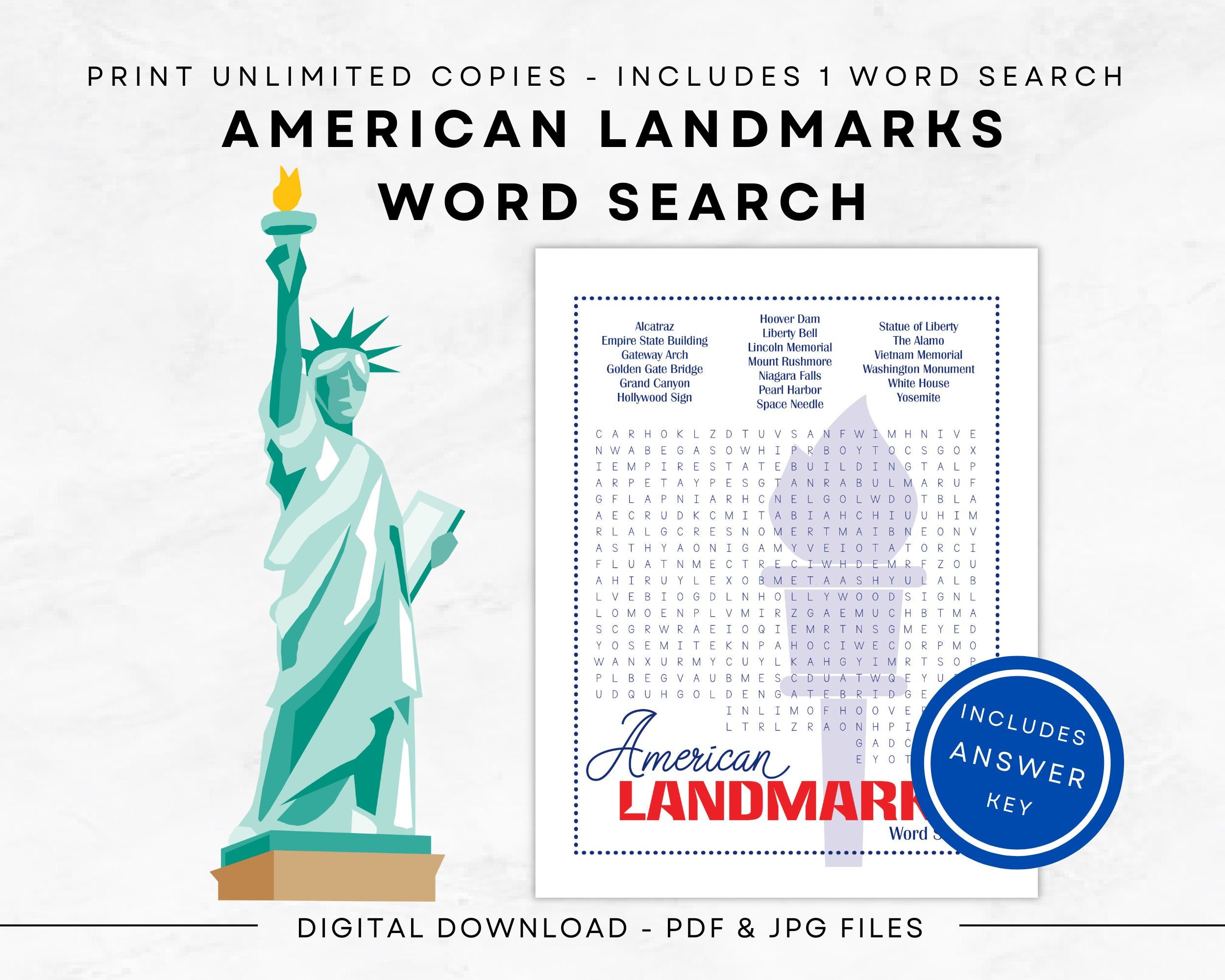American Landmarks Word Search | Instant Download Patriotic Puzzle ...