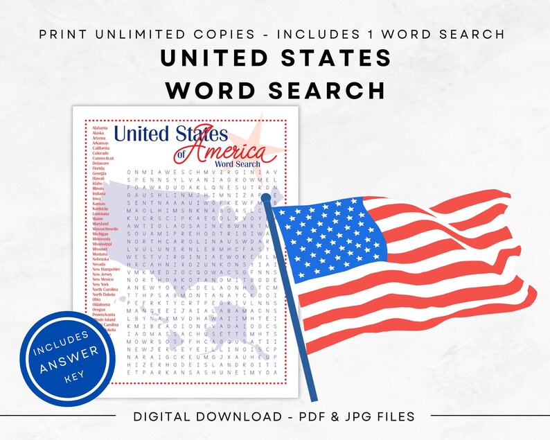 United States Word Search | Instant Download Puzzle, Great for Parties ...