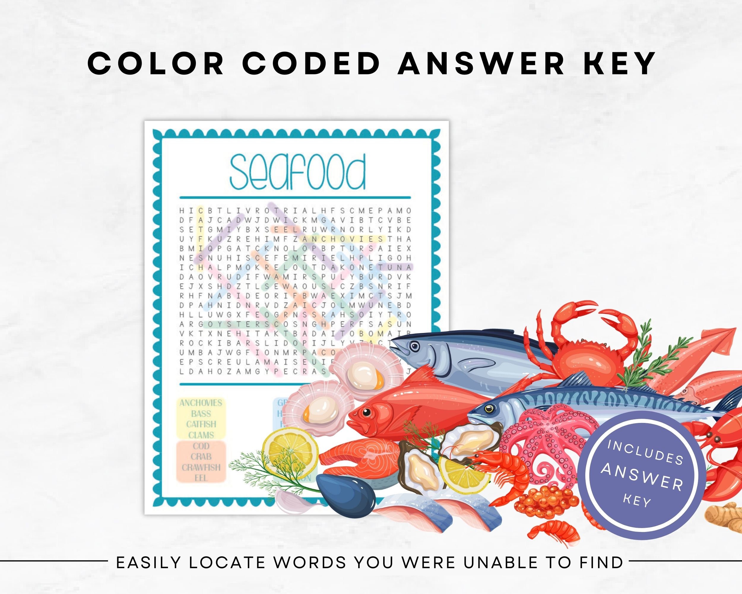 Seafood Word Search, Instant Download Print in Color/black Ink US ...