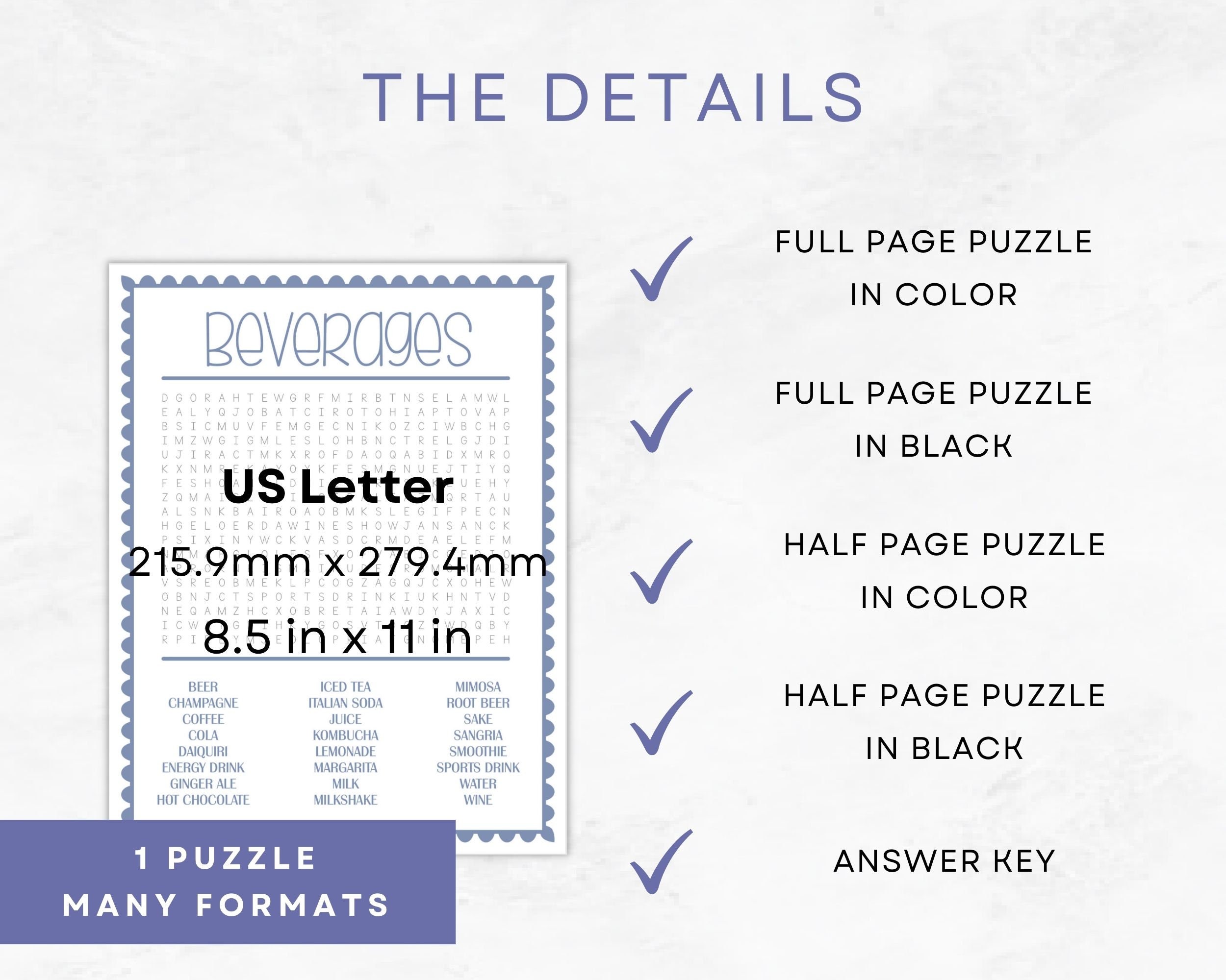 Beverages Word Search, Instant Download | Print in Color/black Ink | US ...