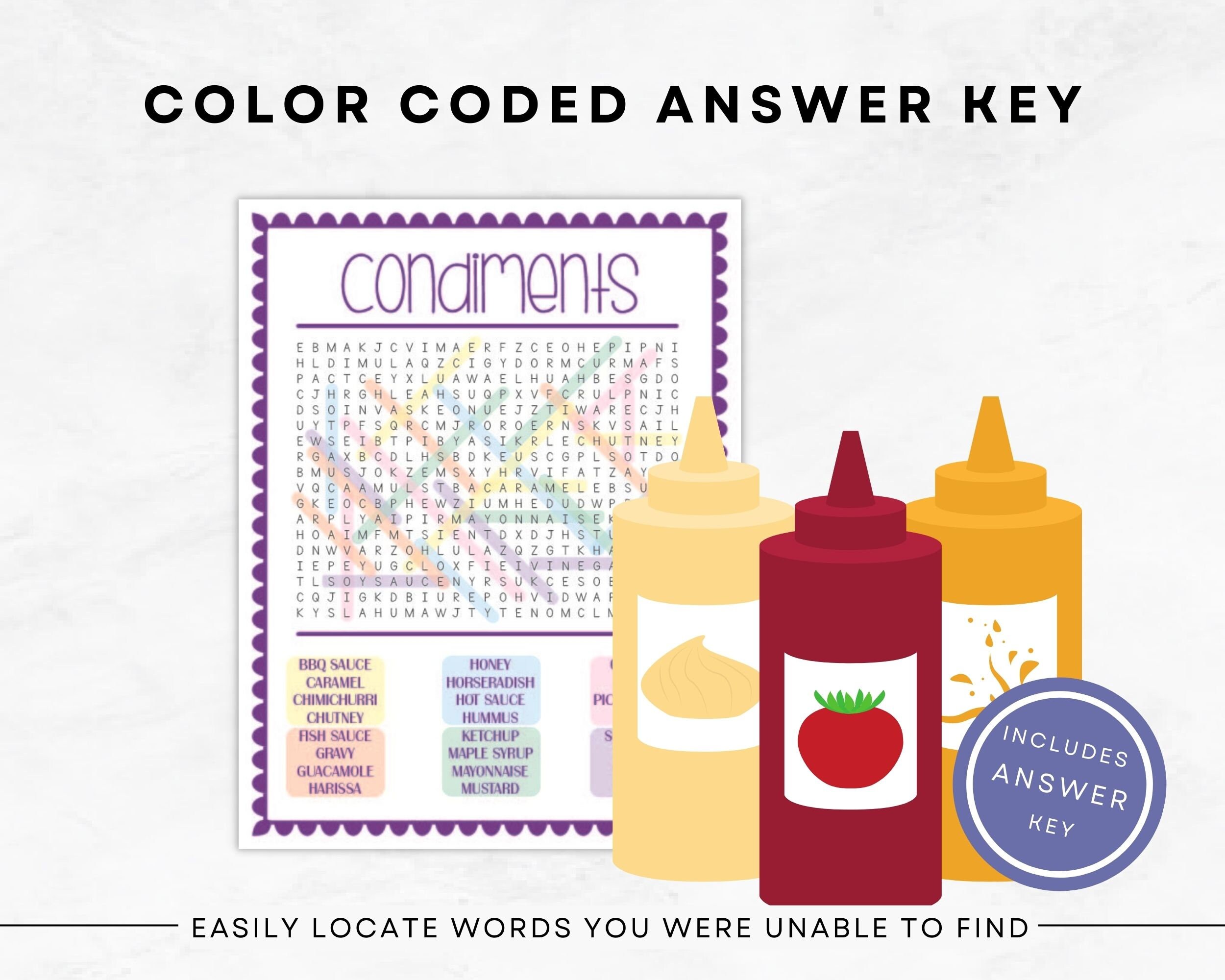 Condiments Word Search, Instant Download Print in Color/black Ink US ...