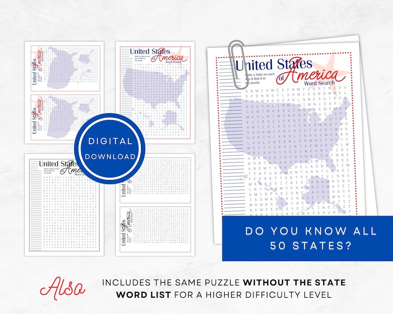 United States Word Search | Instant Download Puzzle, Great for Parties ...
