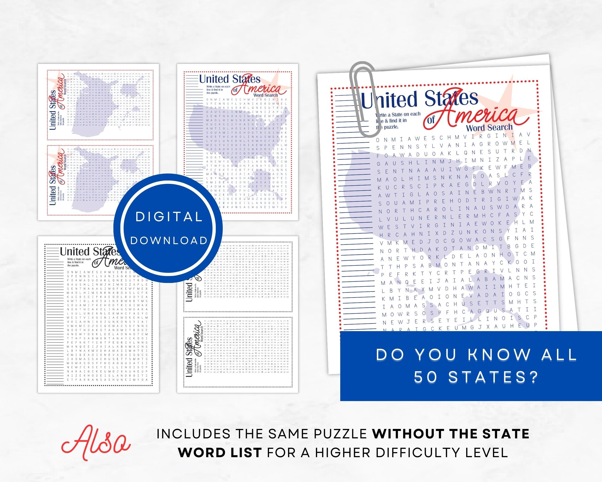 United States Word Search | Instant Download Puzzle, Great for Parties ...