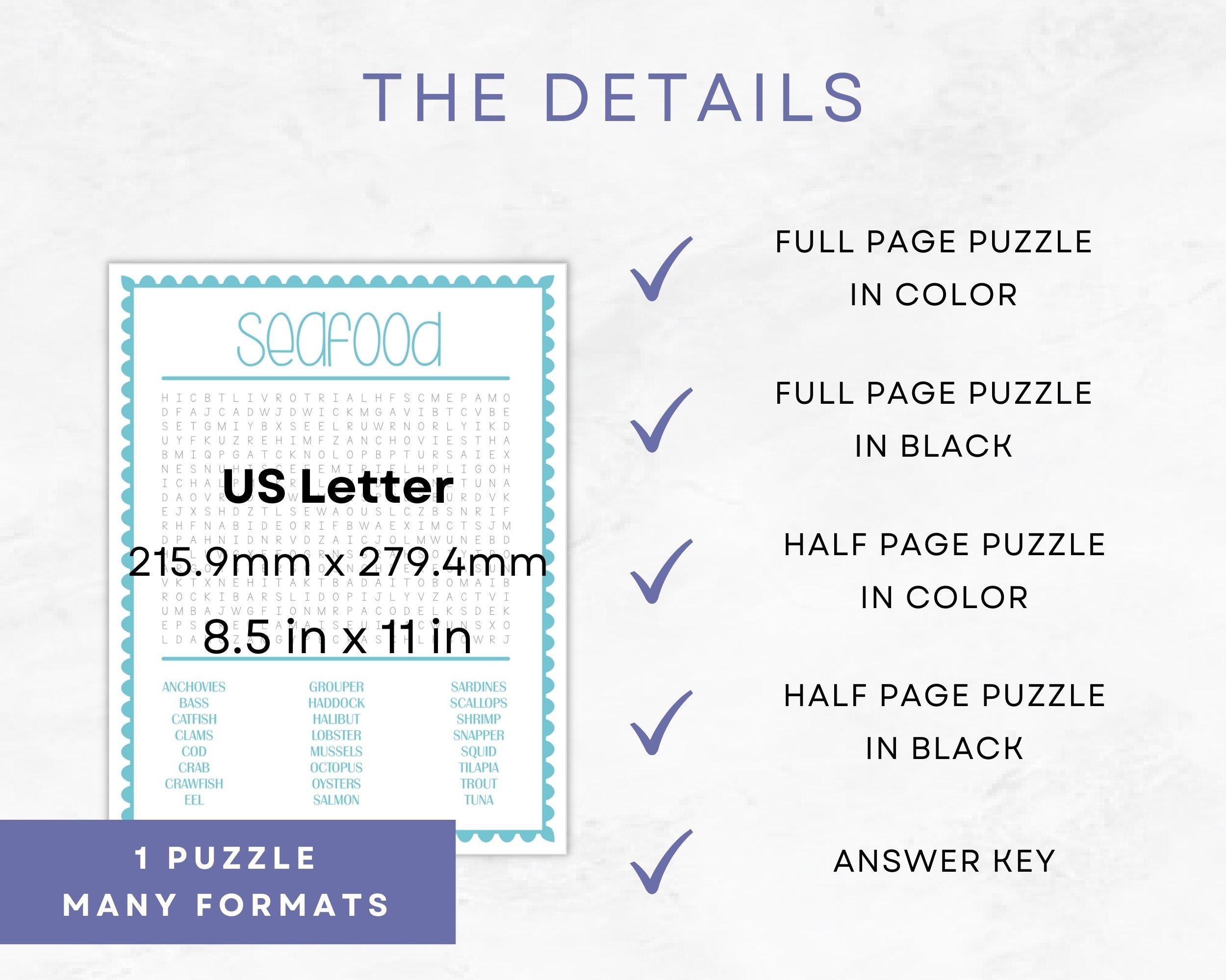 Seafood Word Search, Instant Download Print in Color/black Ink US ...