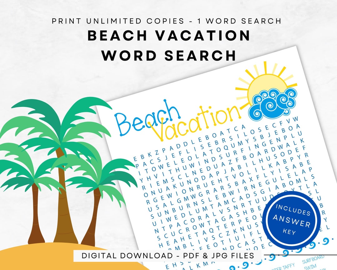 Beach Vacation Word Search for Instant Download | Rainy Day or Road ...