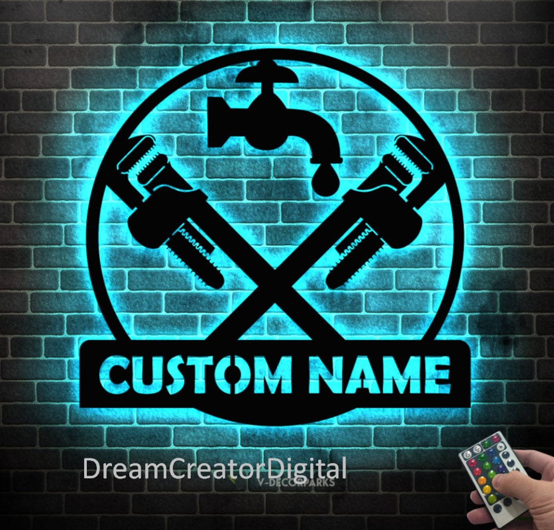 Personalized Plumber Name Sign LED Light Custom Plumbing Metal Wall Art ...