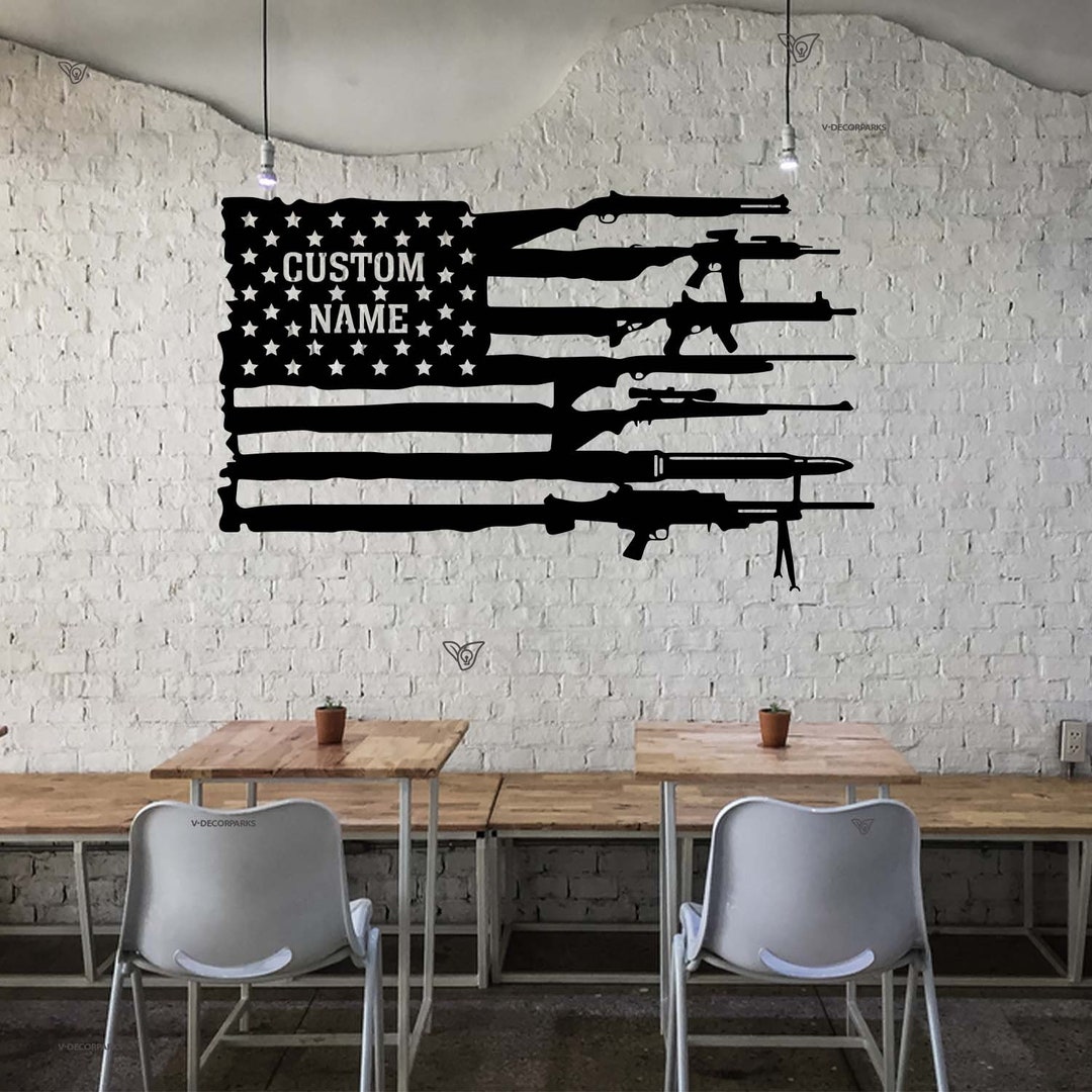 Custom Gun American Flag Metal Wall Art LED, Gun Metal Wall Art 4th of ...