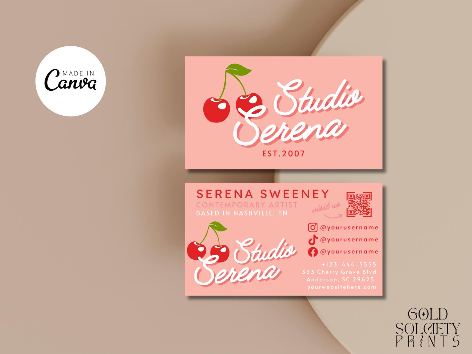 Pink Cherry Business Card Template With QR Code (canva Editable) - Etsy