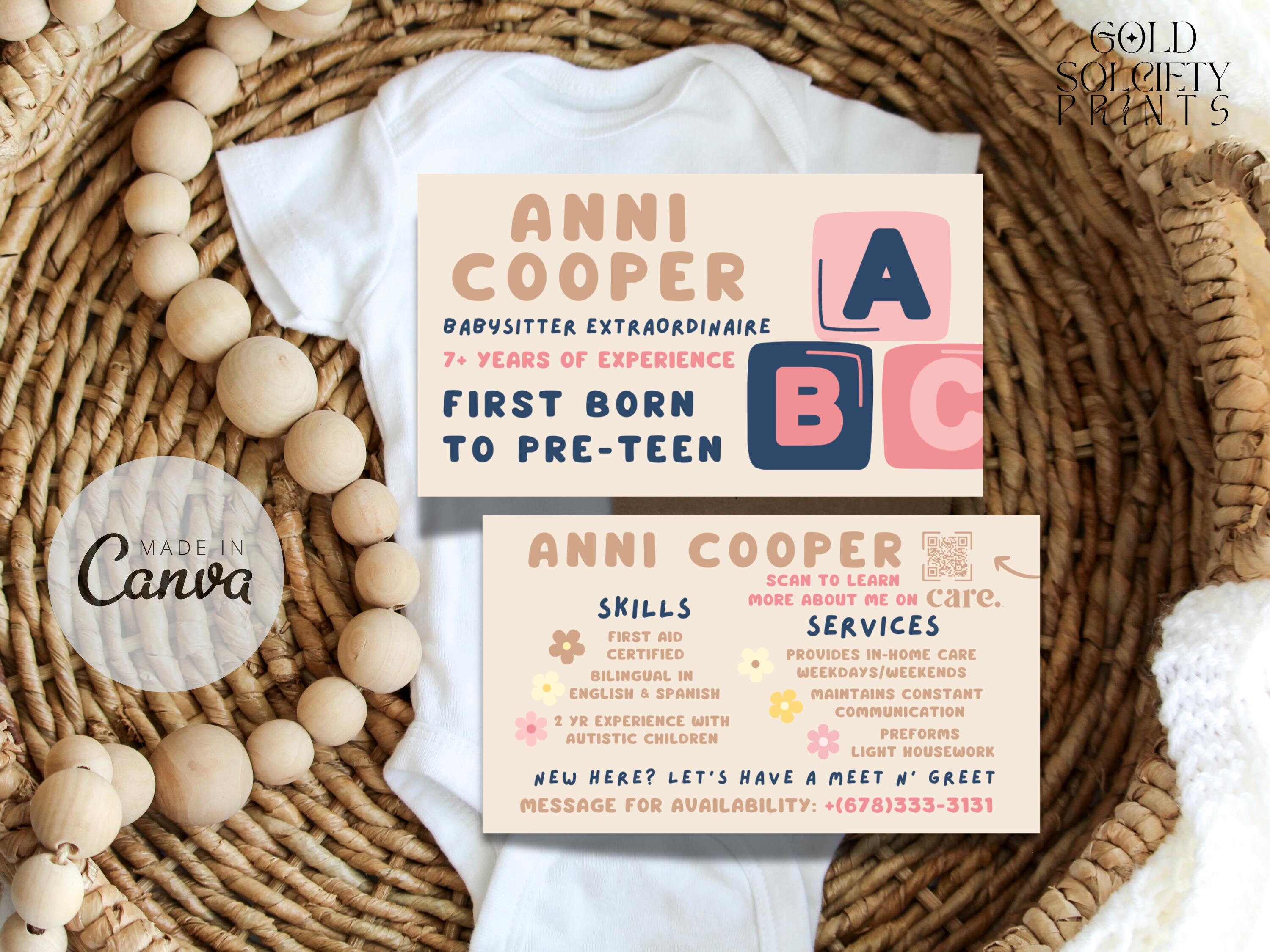 Editable Child Care Business Card Template: DIY Babysitter Card (canva ...