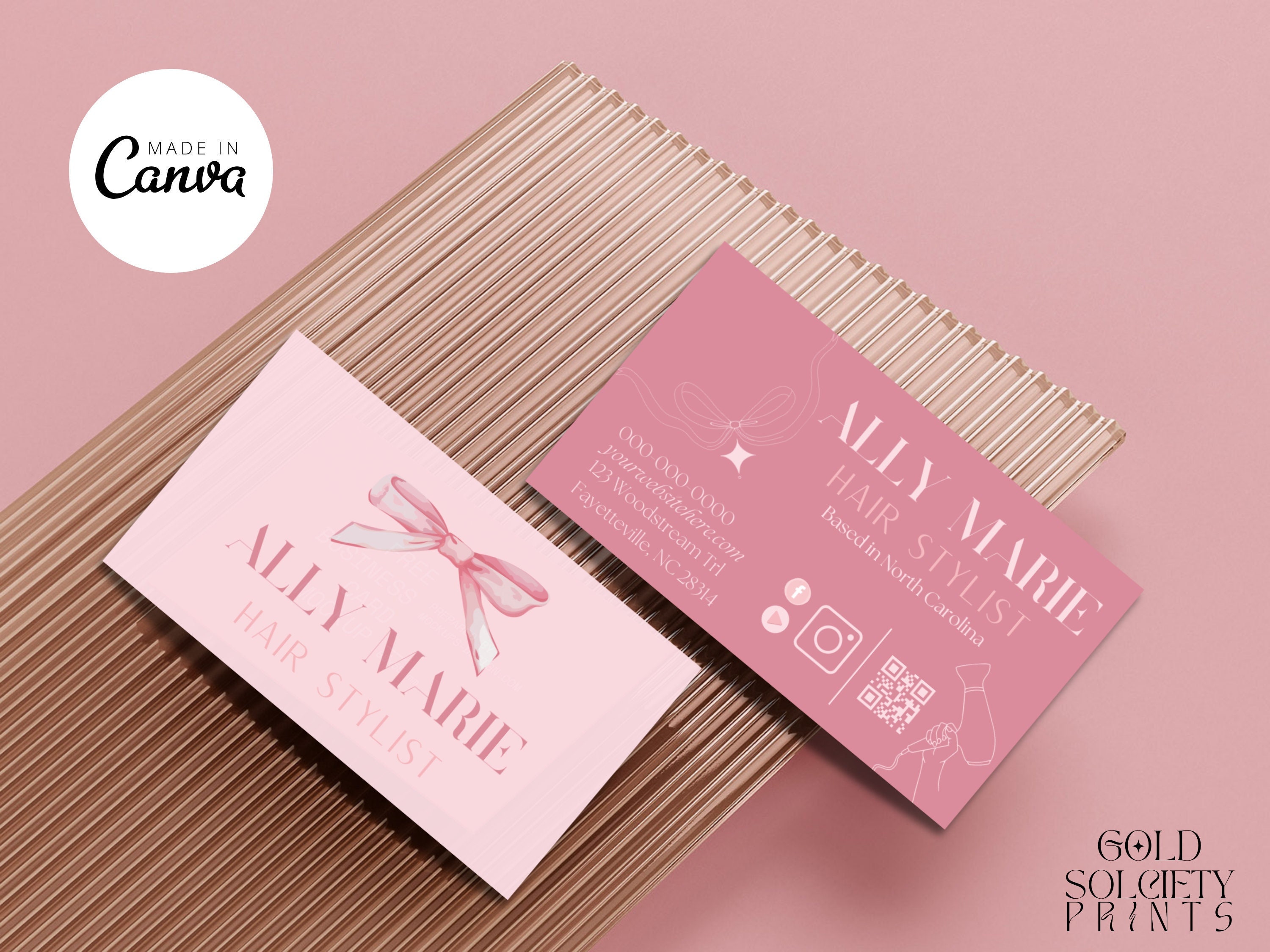 Editable Pink Coquette Bow Business Card Template QR Code (canva) - Etsy