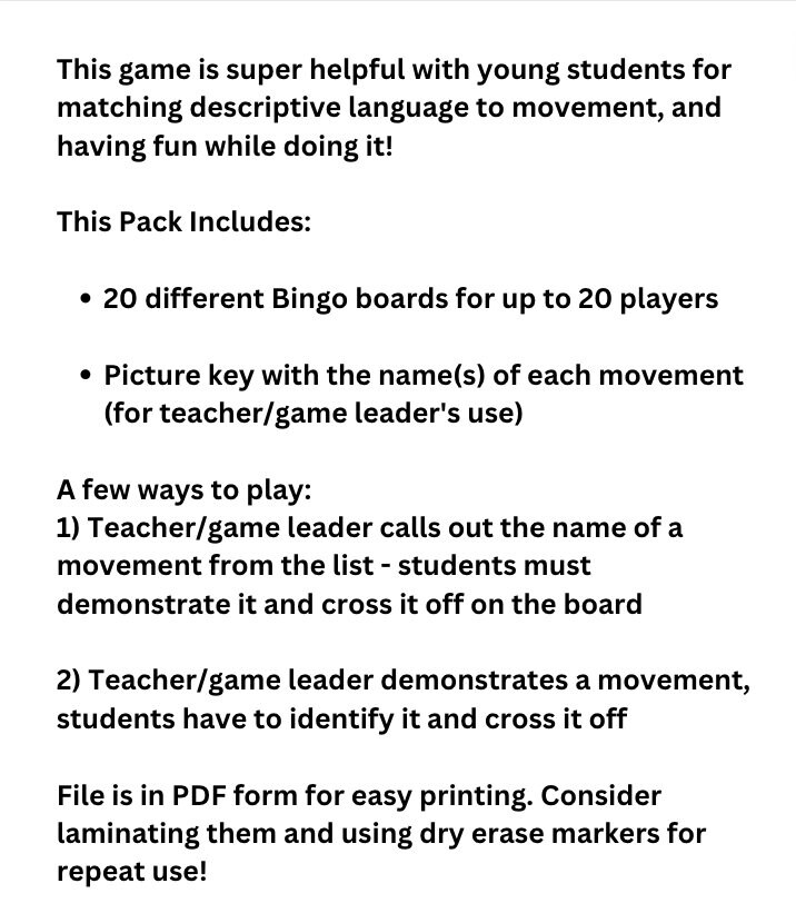 Creative Movement Bingo Game for Kids (20 Pack) - Practice Imaginative ...