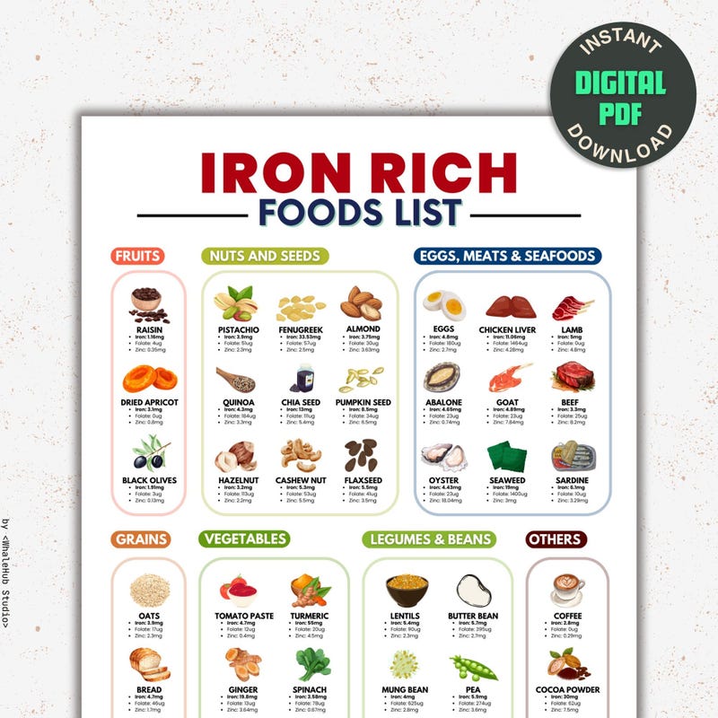 Iron Rich Foods Chart - Etsy