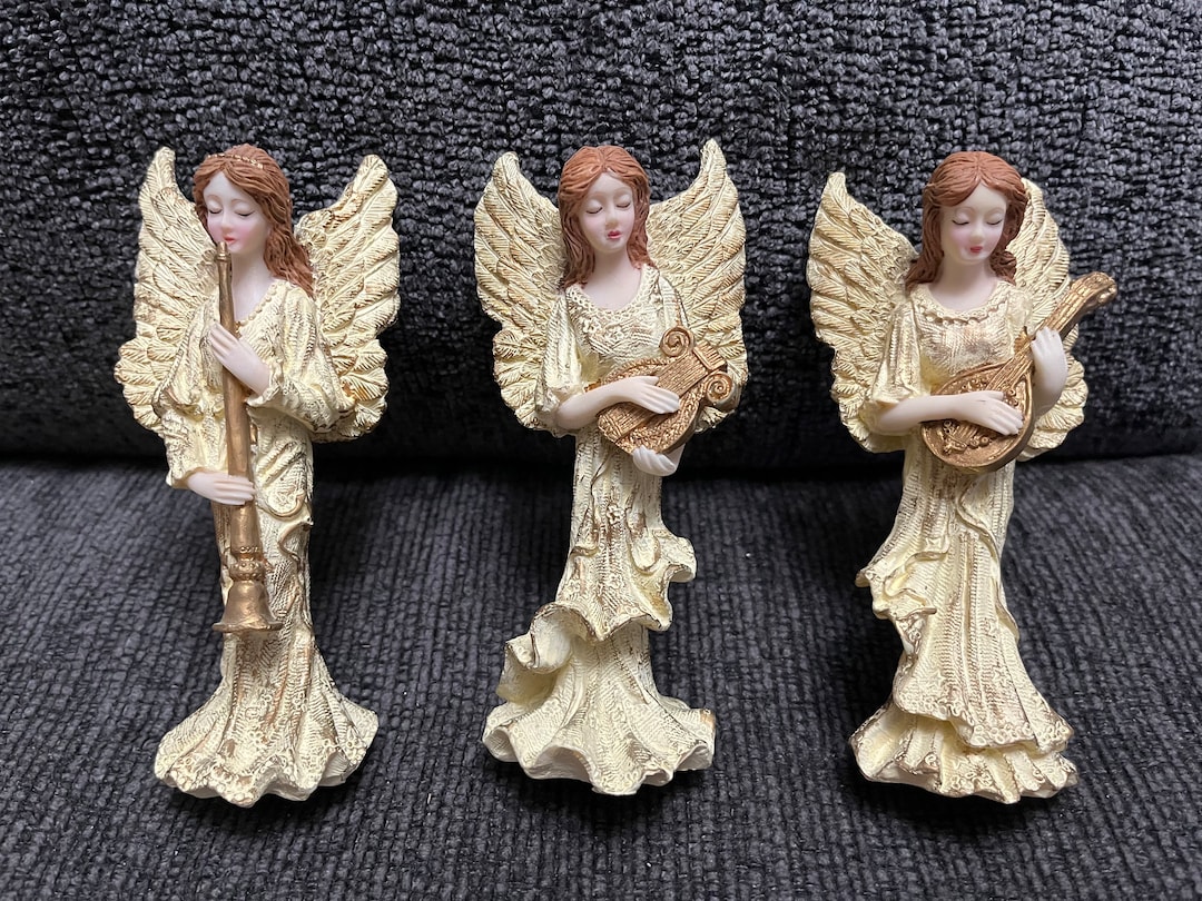 Vintage Set of 3 Resin Angel Figurines Ivory Colored Musical ...