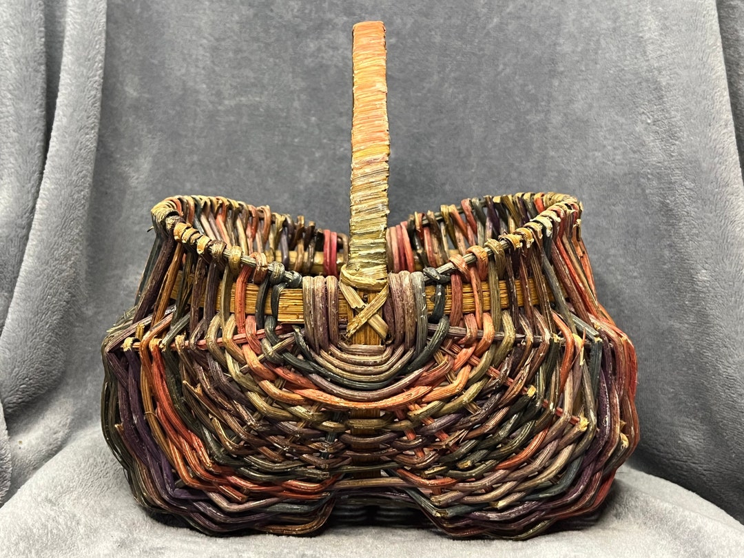 Vintage Hand Woven Basket With Handle - Etsy