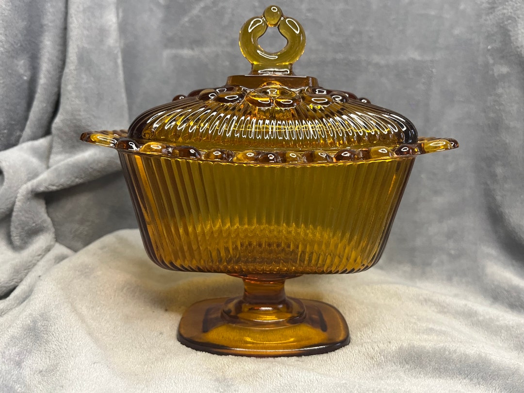 Vintage AMBER Indiana Glass Lace Edge Footed Candy Dish Compote Lid - Etsy