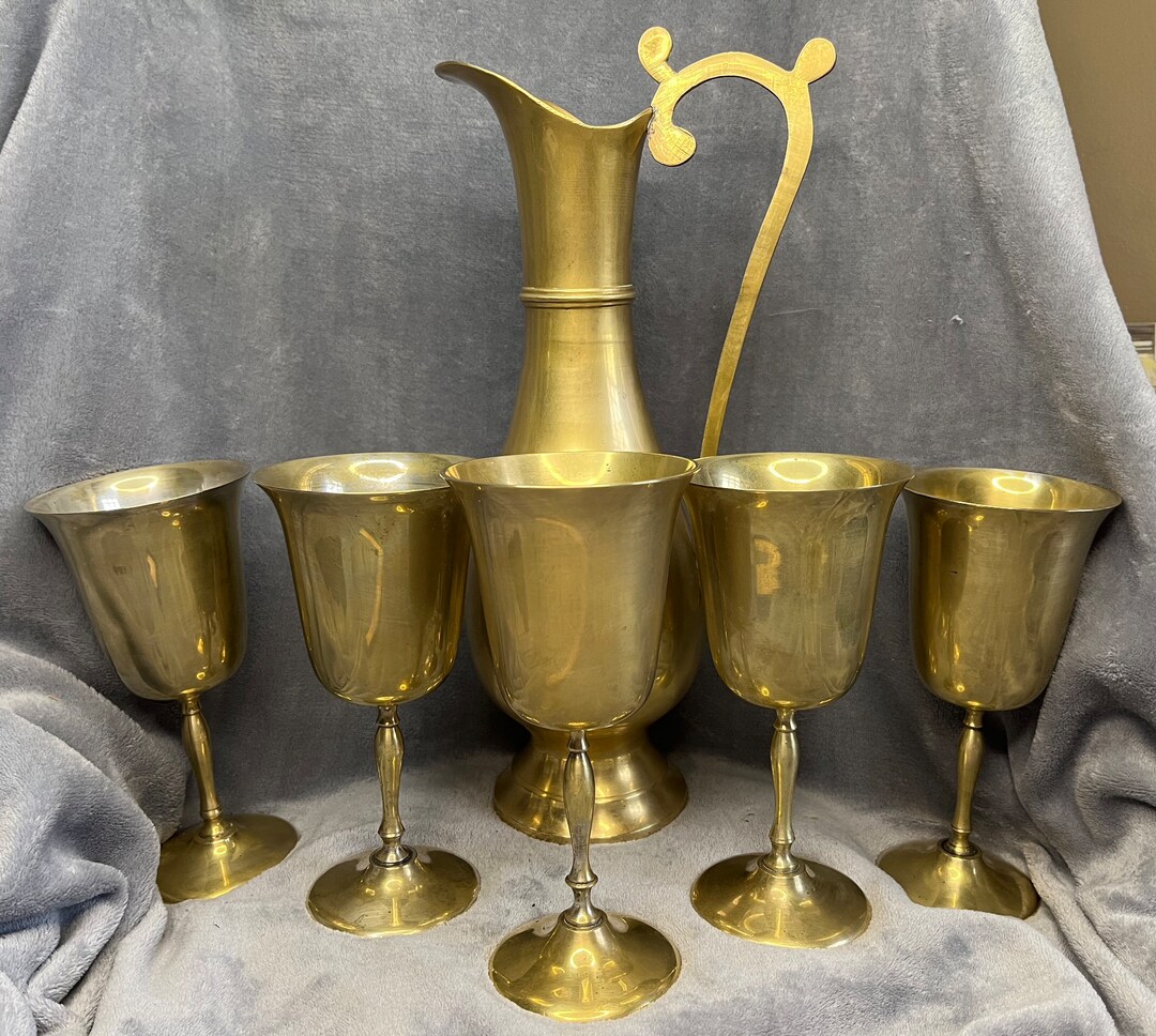 Vintage Solid Brass Mcm Gold Water Pitcher and Goblets - Etsy