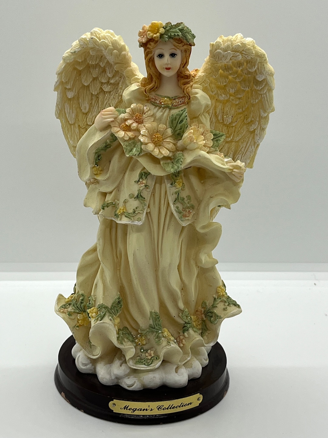 Vintage Megan's Collection Angel With Flowers Glitter Resin Wood Base ...