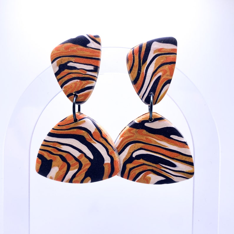Tiger Stripe Animal Print Jungle Polymer Clay Earrings Lightweight Dangle Exotic Handmade ...