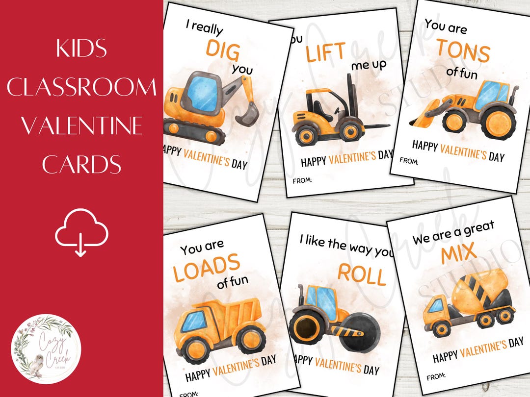 Printable Kids Valentine's Day Cards | Construction | Truck | Tractor ...