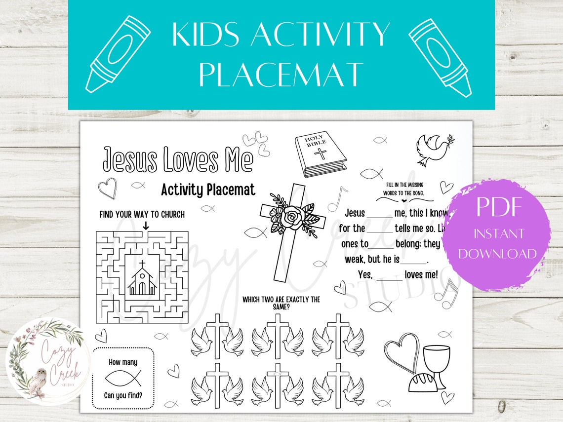 Printable Jesus Loves Me Activity Placemat | Restaurant Activity ...