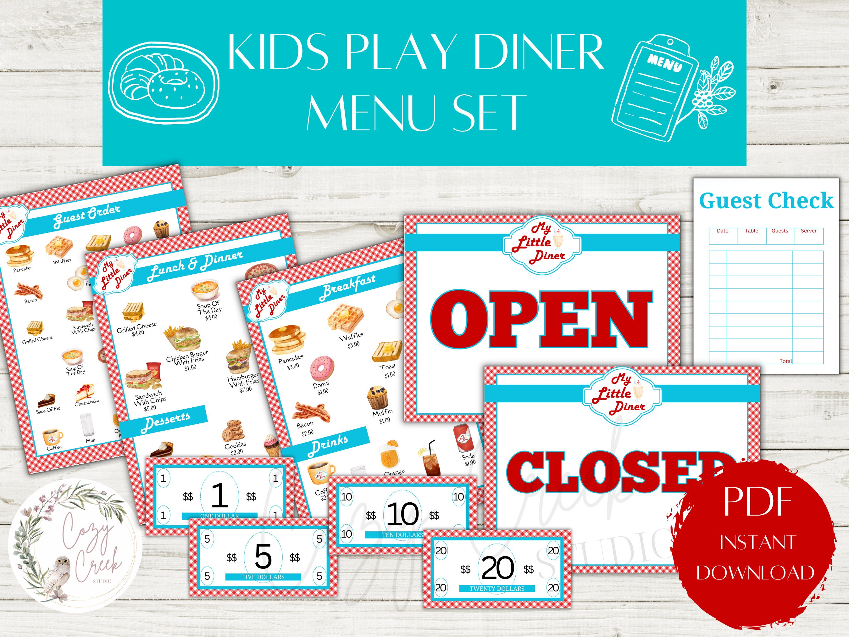 Printable Kids Play Diner Menu Set | Kids Pretend Play Menus, Guest ...