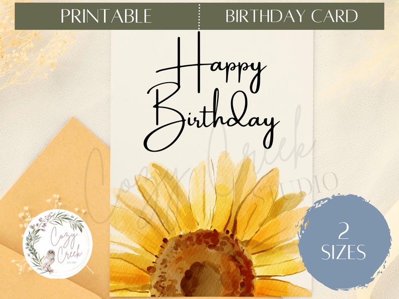 Printable Sunflower Birthday Card | Watercolor Sunflower Card | Side ...