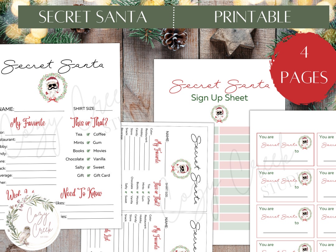Printable Secret Santa Questionnaire Sign up Sheet Secret Santa Gift ...