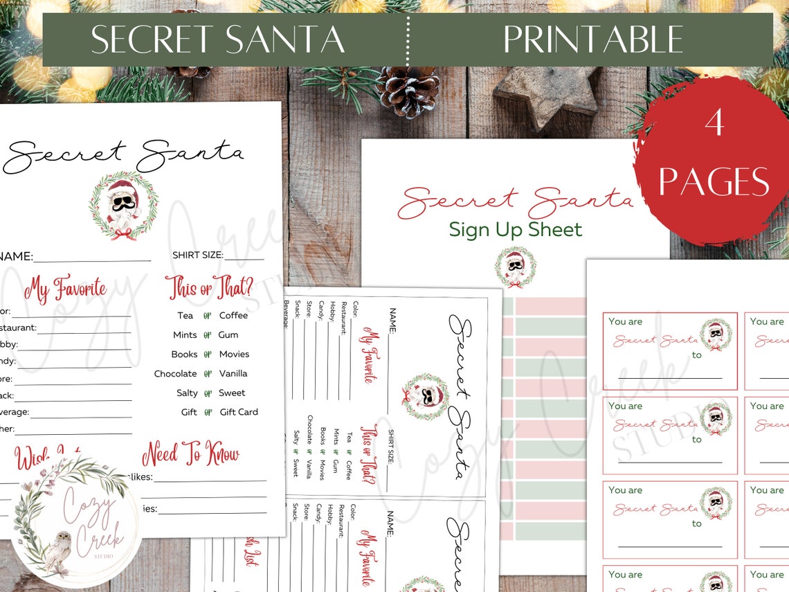Printable Secret Santa Questionnaire Sign up Sheet | Secret Santa Gift ...